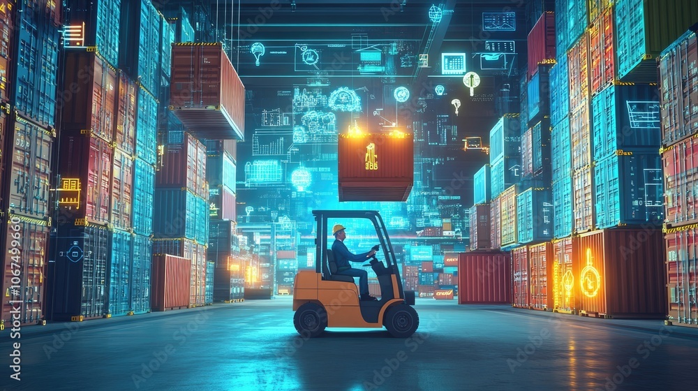 Back view of logistics coordinator driving a container forklift ...