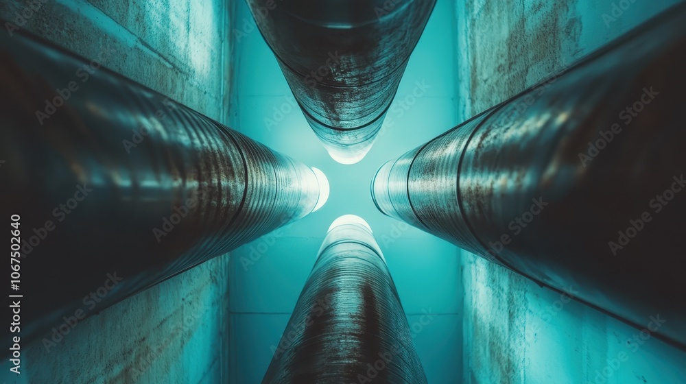 Four elongated steel cylinder pipes converge towards a glowing center ...