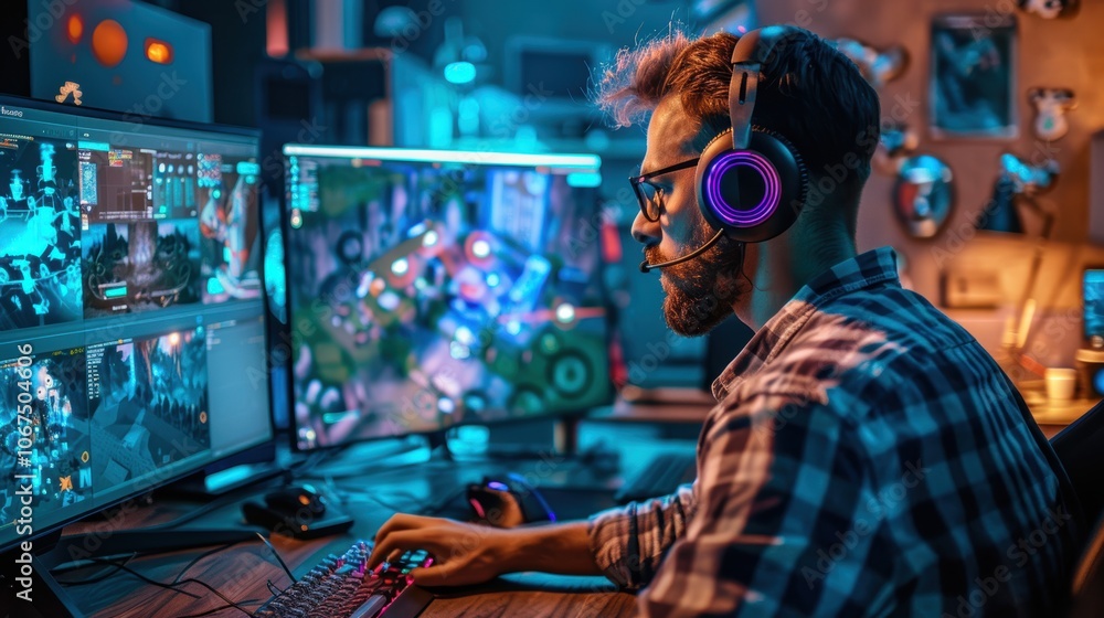Game Developer Crafting 3D Character Animations in a High-Tech Office ...