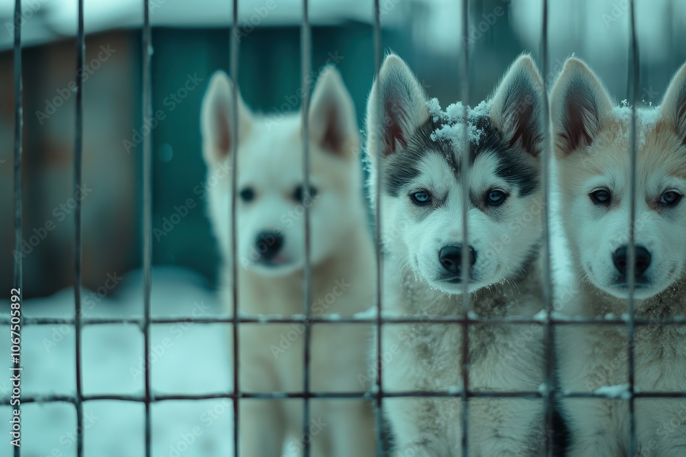 Three tiny Alaskan husky pups in a snowy aviary behind a fence Stray ...