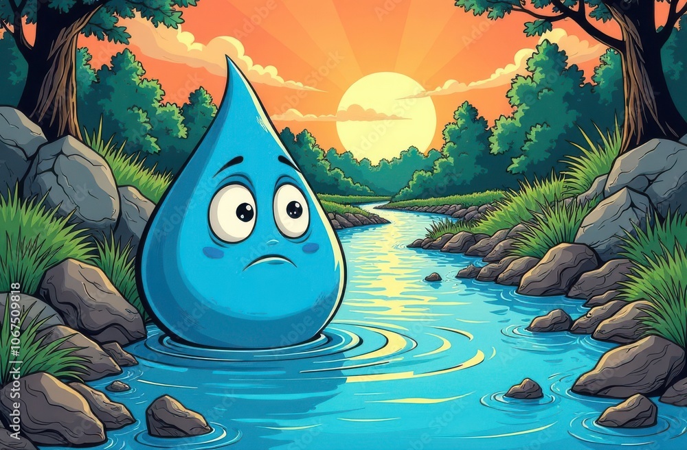 Comics style drawing of sad scared water drop character in river, hot ...