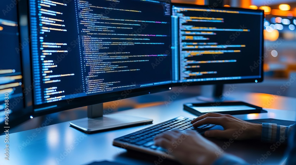 Dual-screen setup with code and debugging tools, focused programmer Stock Photo | Adobe Stock
