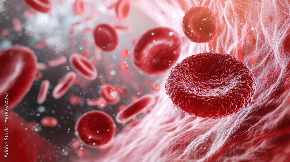 Microscopic view of red blood cells in motion, white isolate background ...