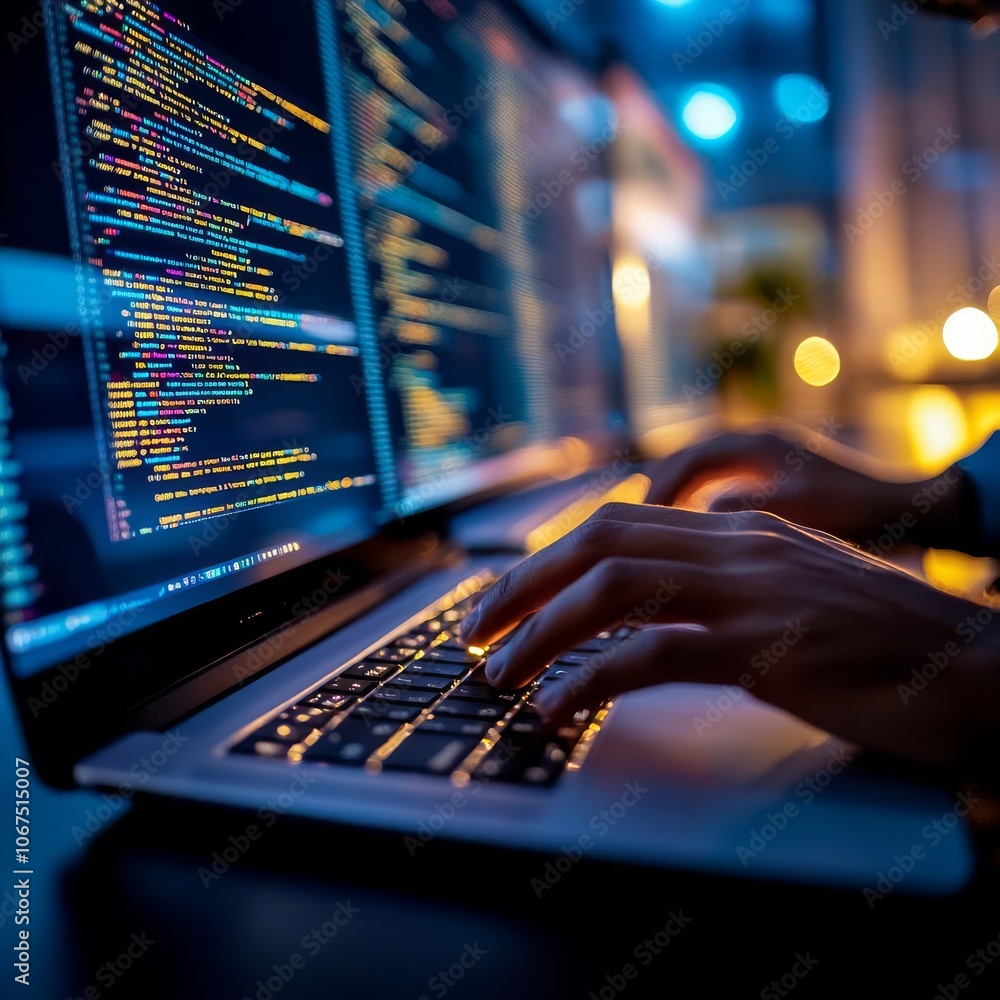 Side view of coder typing on desktop, bright code editor Stock Photo ...