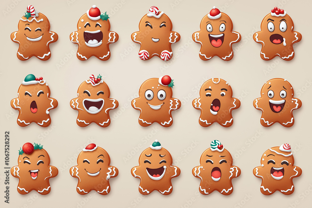 Christmas concept set of gingerbread man emoji on a white background ...