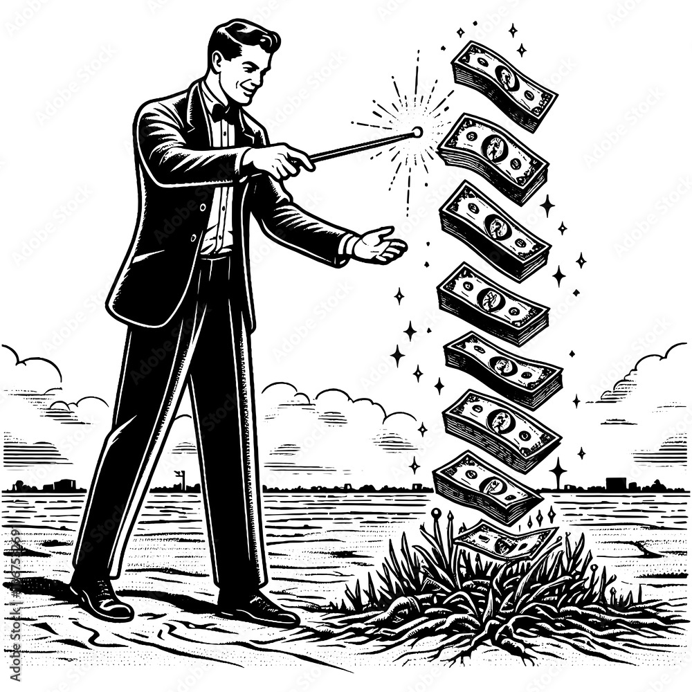 man using a wand to grow money from the ground, symbolizing wealth ...