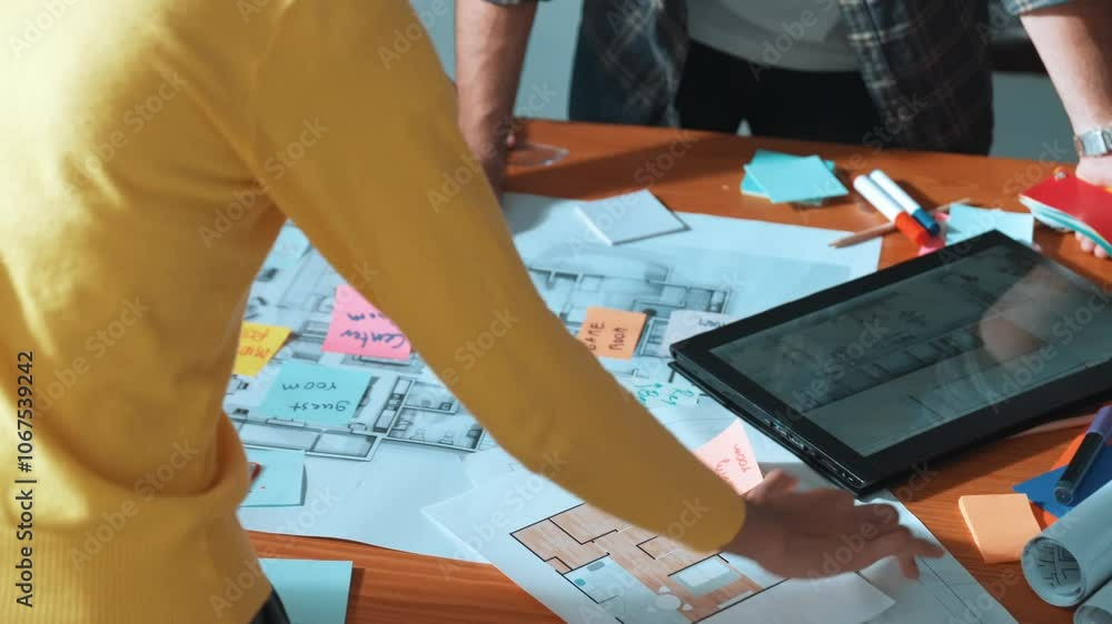 Close up of architect hand pointing at blueprint on meeting table with ...