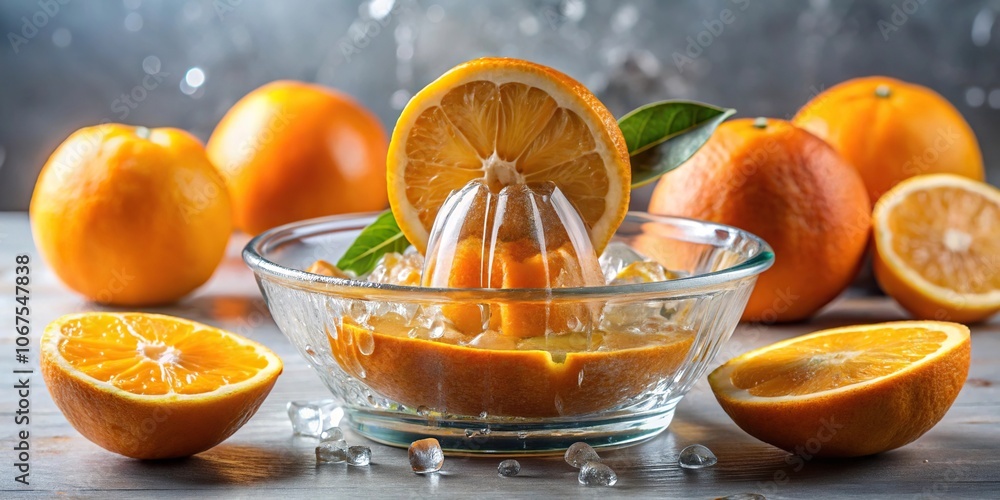 An overripe orange being squeezed for its juice with the resulting ...