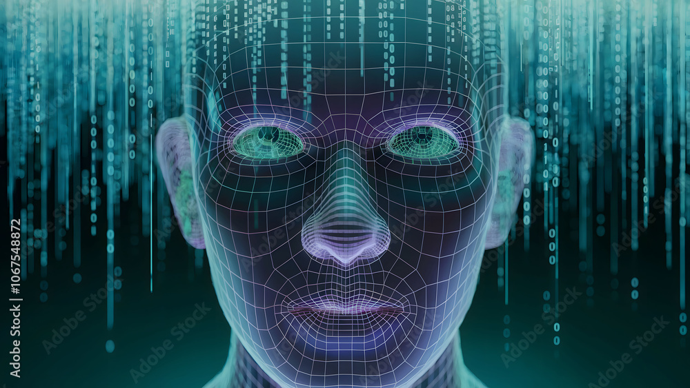 3D Digital Representation of a Human Face with Grid Overlay and Flowing ...