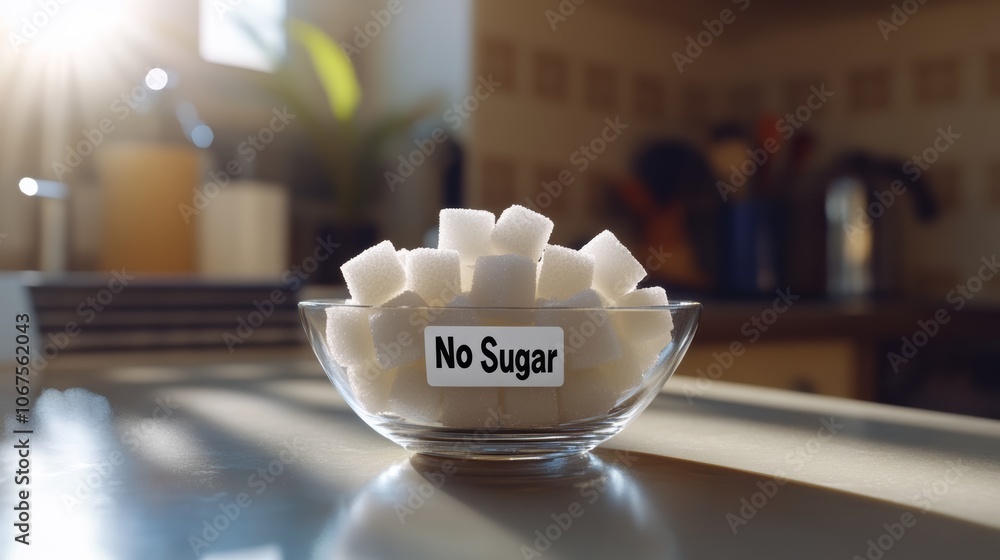 Glass bowl filled with sugar cubes and labeled no sugar sits on a ...