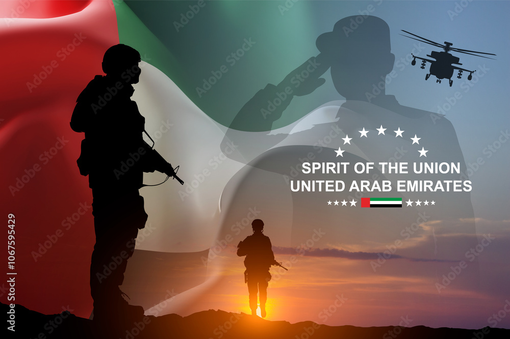 Silhouettes of soldiers with the flag of UAE against the sunset. Armed ...