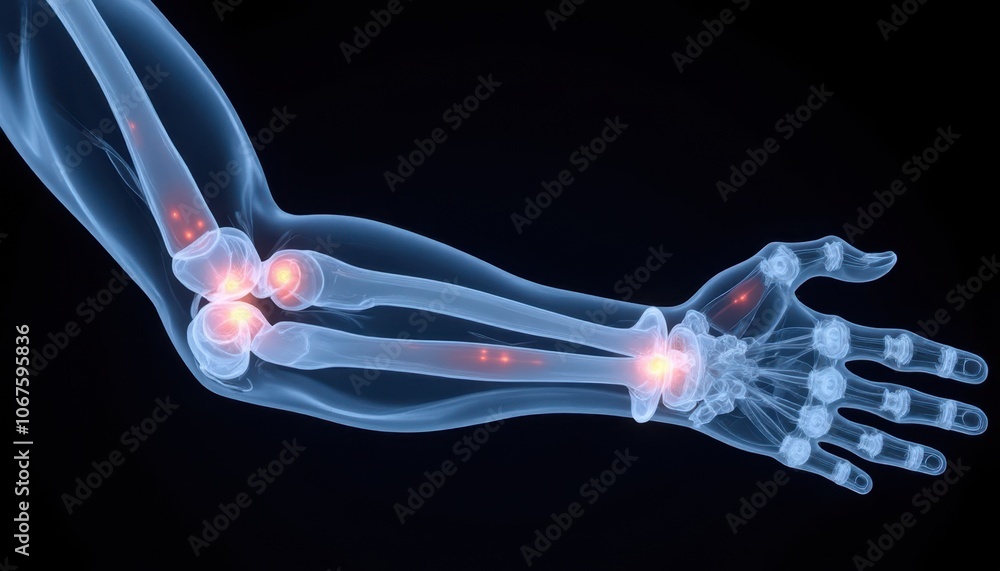 X-ray image of human arm showing joint pain and inflammation Stock ...