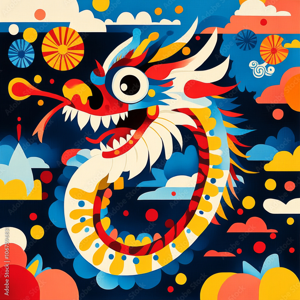 vibrant and colorful illustration of Chinese dragon, featuring bold ...