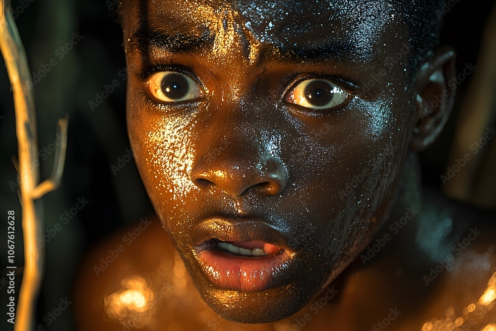 Intense expression of a surprised person in low light with reflective ...