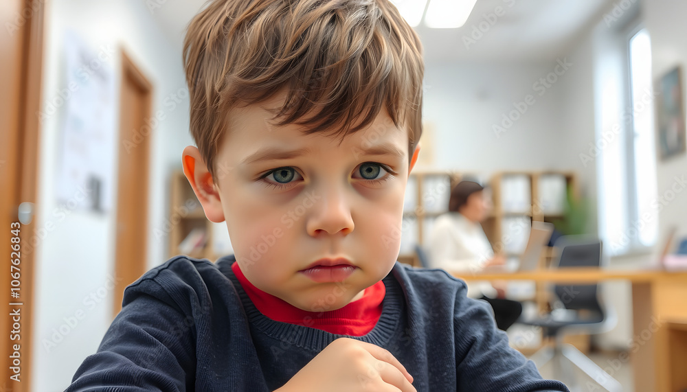 Bored sad little boy refusing to cooperate with teacher, ignoring ...