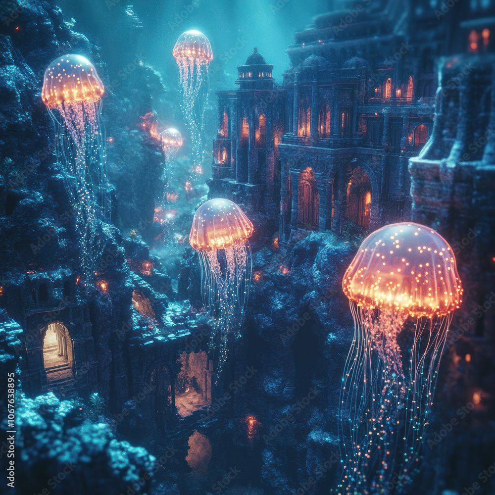 a surreal underwater world, where luminescent jellyfish float alongside ...