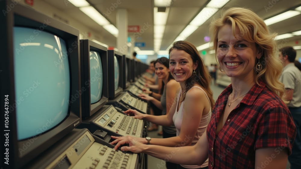 Women explore vintage computers in a retro lab, celebrating early tech ...