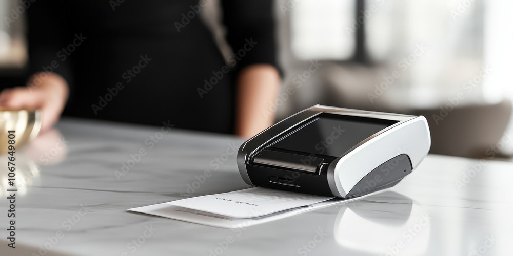 Credit card reader on a simple countertop printing a receipt. Cashless ...