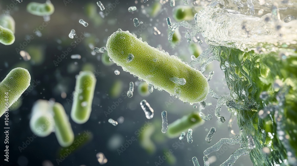 A vivid close-up capturing green algae and bacteria in a dynamic water ...