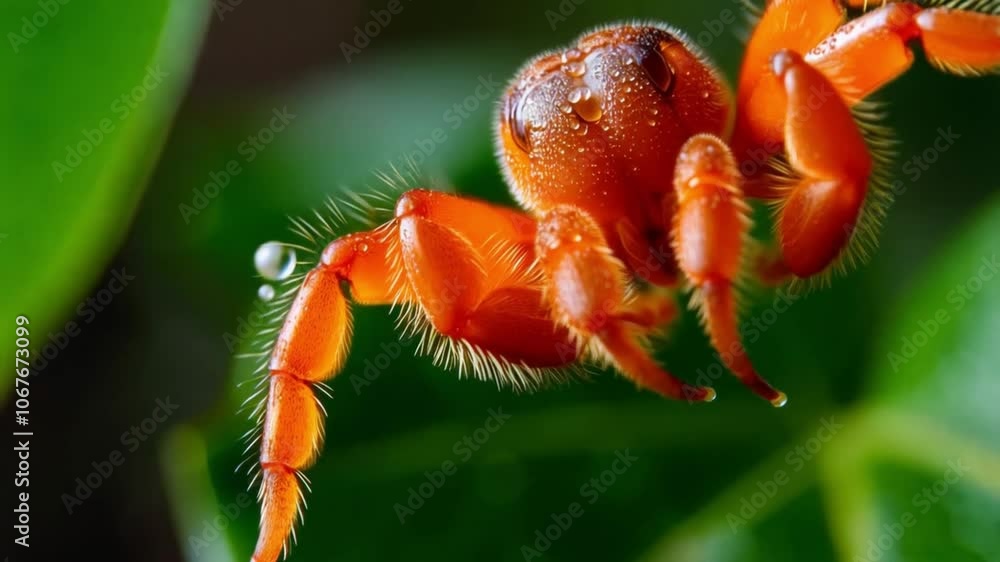 A vibrant orange spider is caught in close-up, showcasing its intricate ...