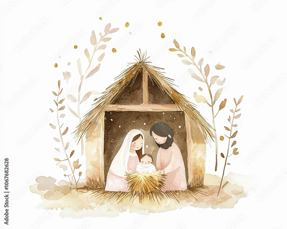 Dibujo del portal de belén rodeado de árboles, con San José, niño Jesus ...