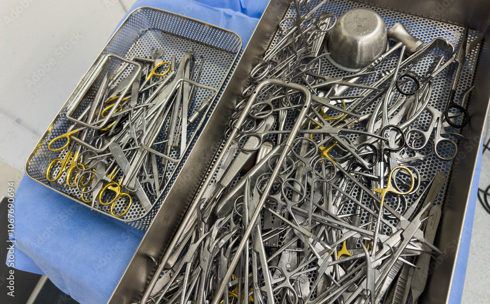 Close-up of metal surgical tools on a sterile surface in a hospital ...