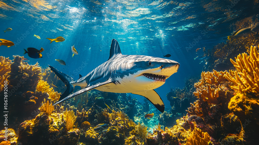 Great White Shark Swimming Among Colorful Coral Reefs in Clear Blue ...