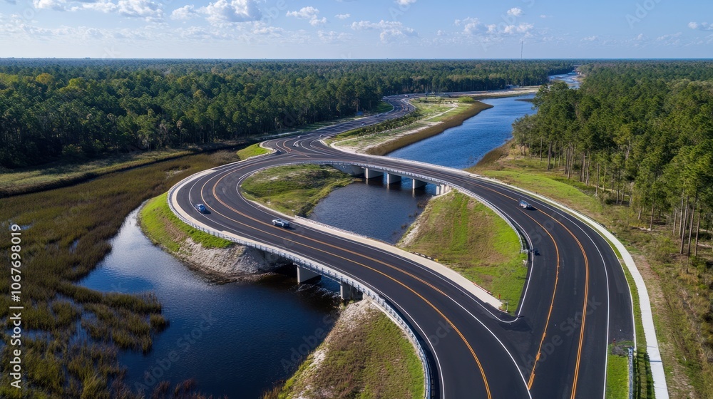 A stunning aerial view of a multi-lane highway with elegant curves and ...