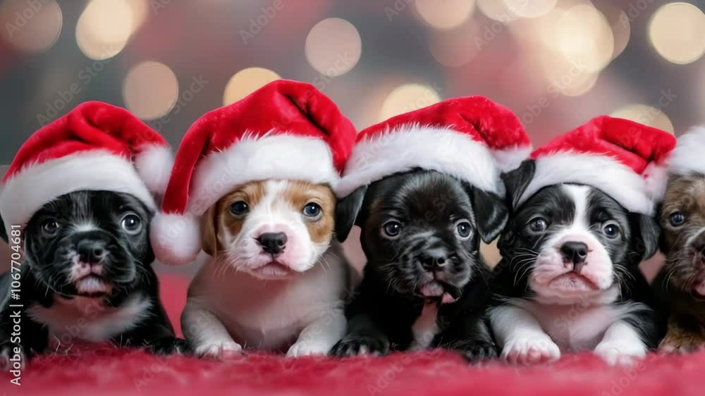 Festive Christmas background. Little breed puppies wearing Santa hats ...