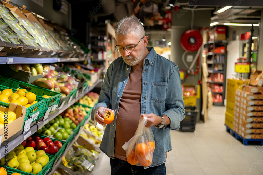 Older man picking fresh produce in the fruits and vegetables section of ...