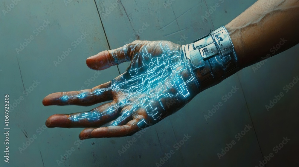 A close-up of a human hand with a futuristic, glowing, blue, electronic ...