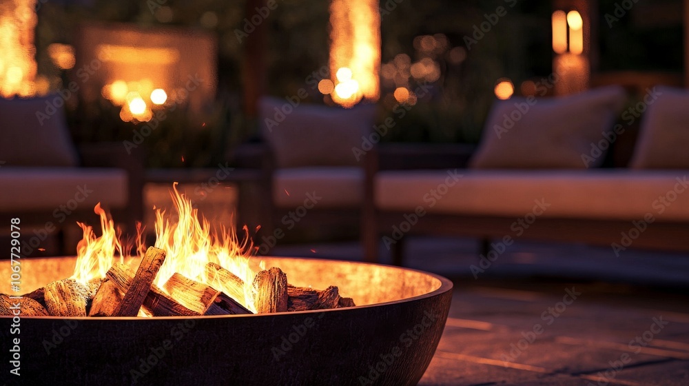 In the background, strings of lights illuminate the fire pit and its ...