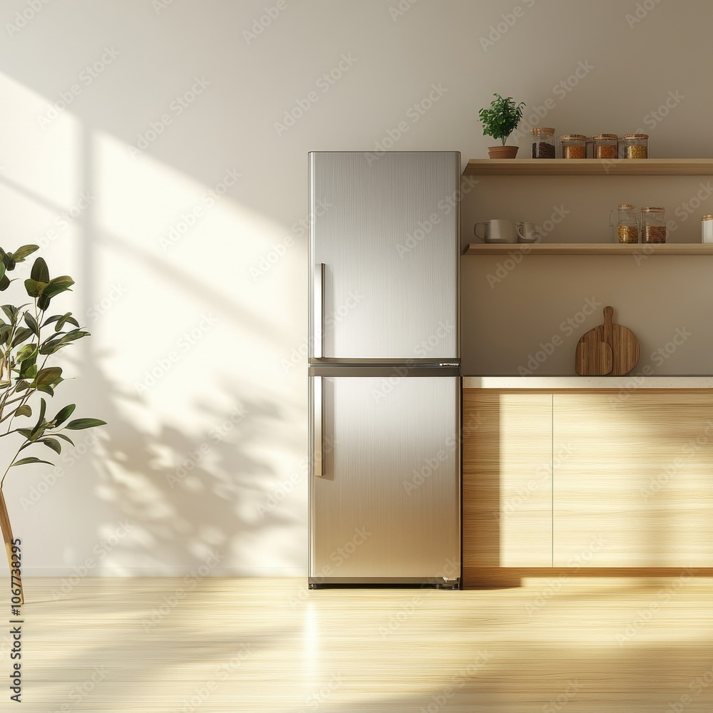 Bright and warm tone, refrigerator in empty wall, refrigerator is main ...