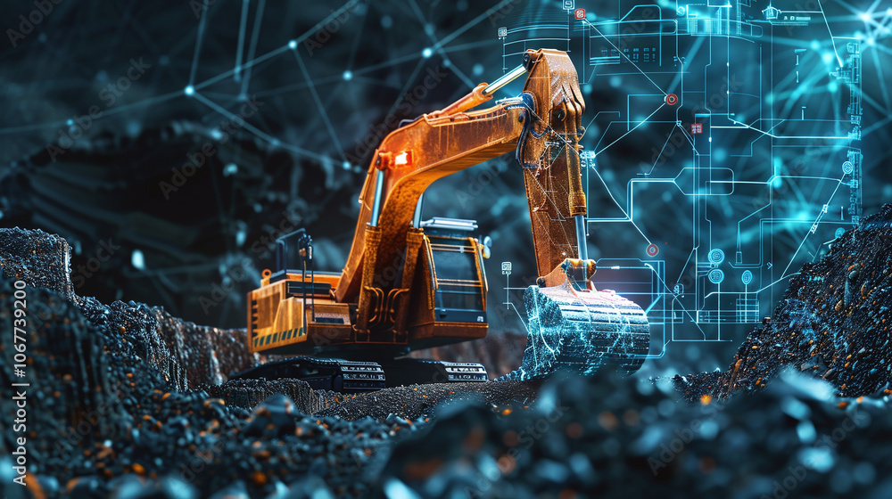 A heavy digger working at a construction site illuminated by digital ...