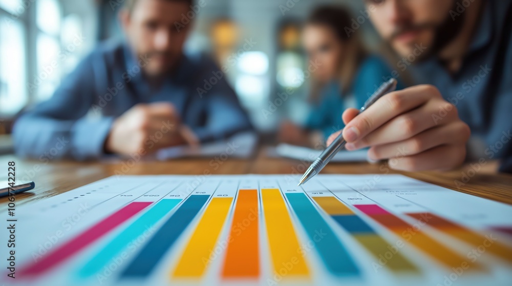 Collaborative team analyzing business data with colorful bar chart in ...