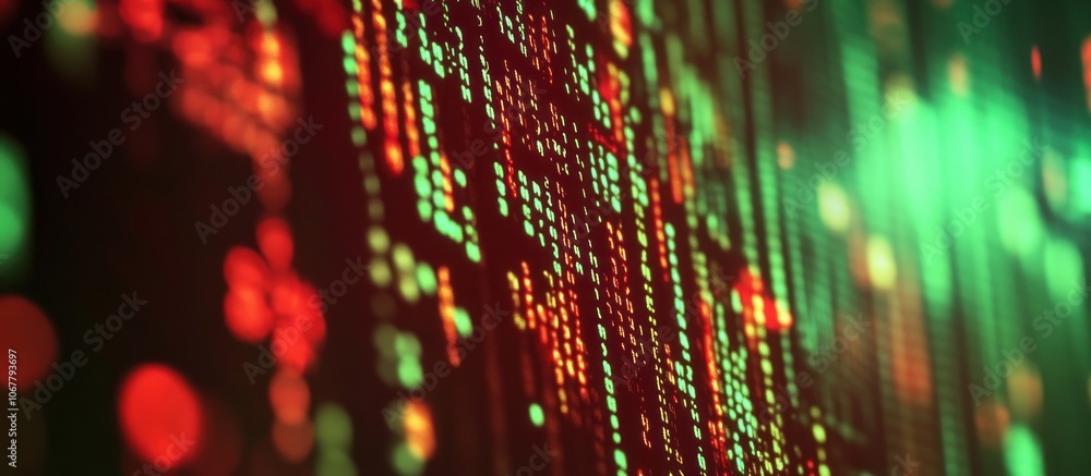 Stock market numbers displayed on an LED ticker tape, zoomed-in view ...