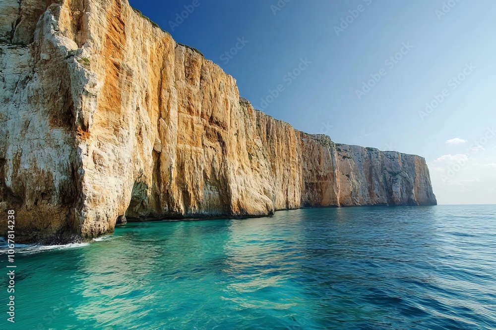 Spectacular sheer cliffs drop into the depths of the deep blue ocean ...
