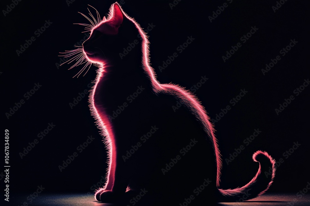 A captivating image of a cat in silhouette with a radiant neon pink ...