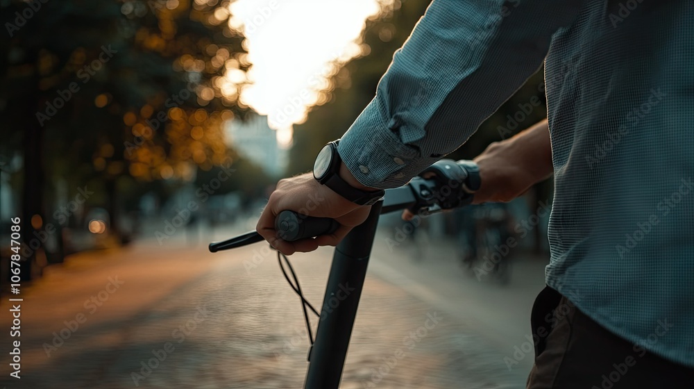 Close-up of a man's hand on the electric scooter throttle, with ...