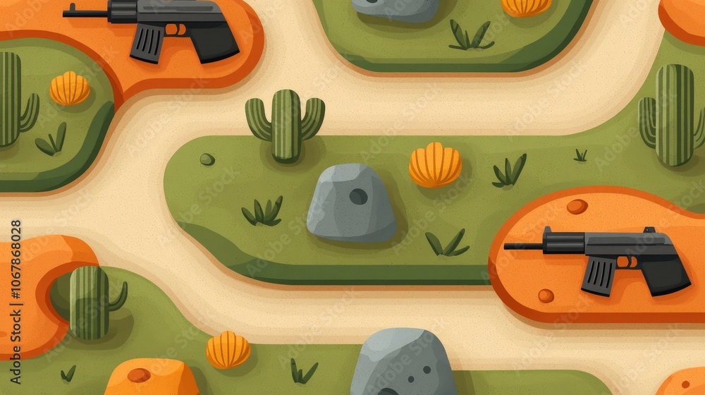 Desert Landscape with Weapons and Cactus Plants Seamless Texture Map ...