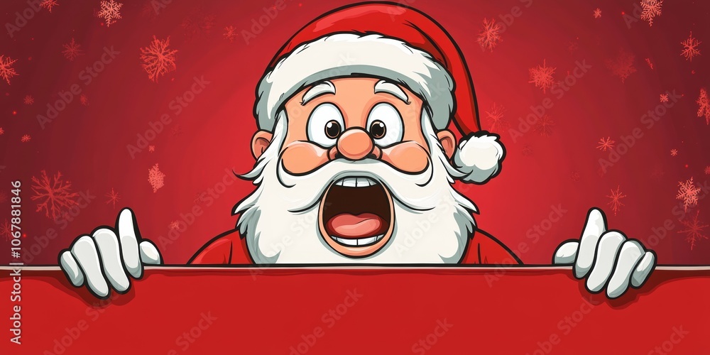 Shocked Santa Claus with a festive expression holding a red banner ...