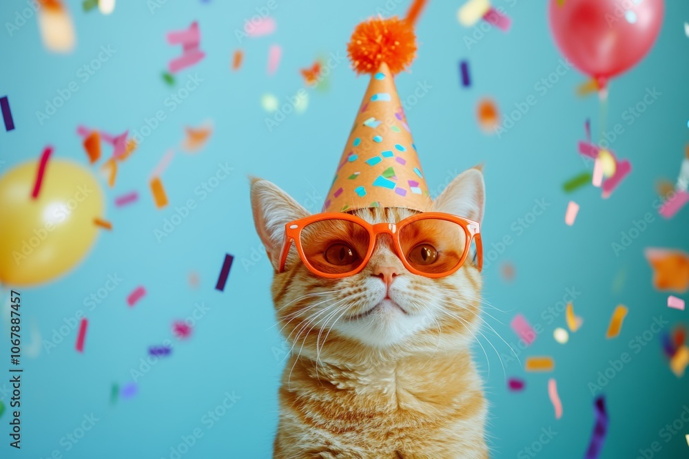An orange tabby cat wears a party hat and sunglasses while colorful ...