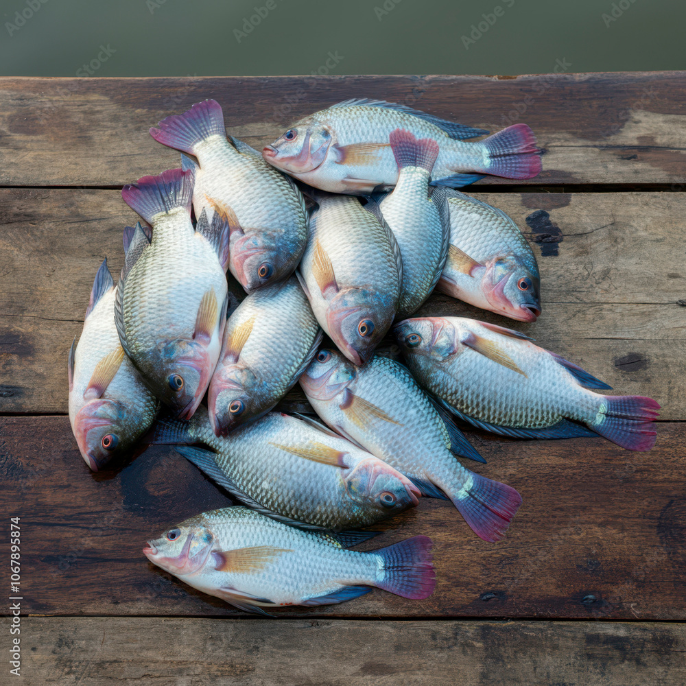 Tilapia or ikan nila, fresh Tilapia fish on board. Oreochromis Niloticus. Freshwater Fish ...