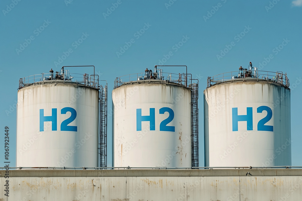 large industrial storage tanks. "H2" written on it, indicating it ...