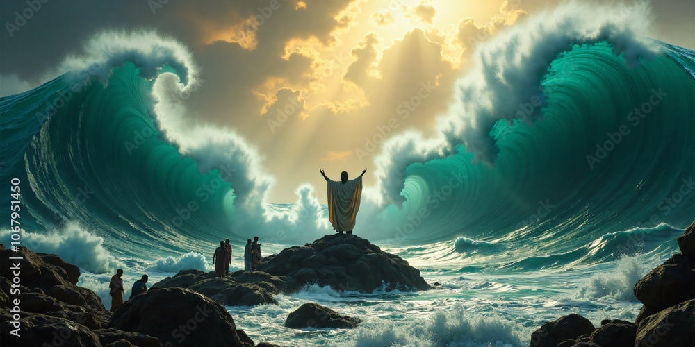 Bible story, Moses parting the Red Sea, Moses stands on a rock with ...