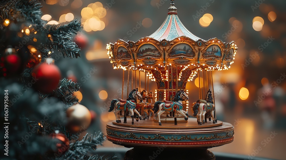 Vintage musical carousel toy in a Christmas tree background, capturing ...