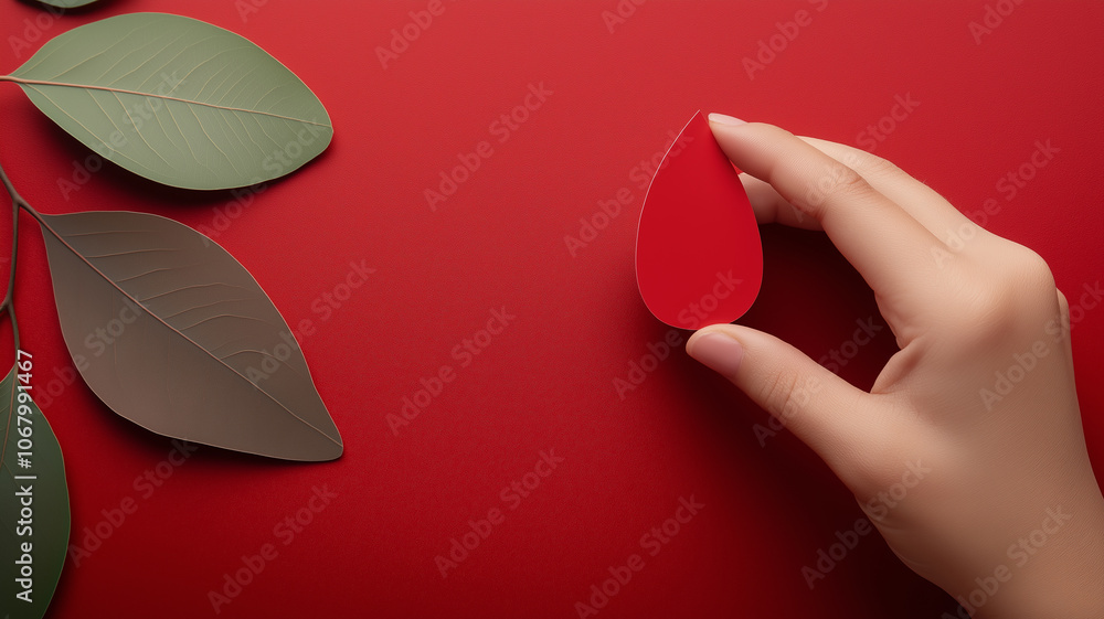 A human hand holding a blood drop shape with a blood level on a red ...