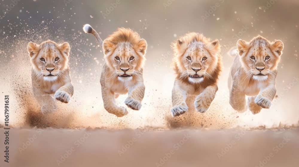 A group of young lions practicing their hunting skills, chasing and ...