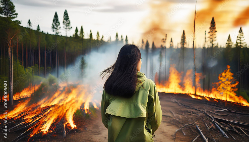 young woman in an outdoor setting affected by wildfires, symbolizing ...