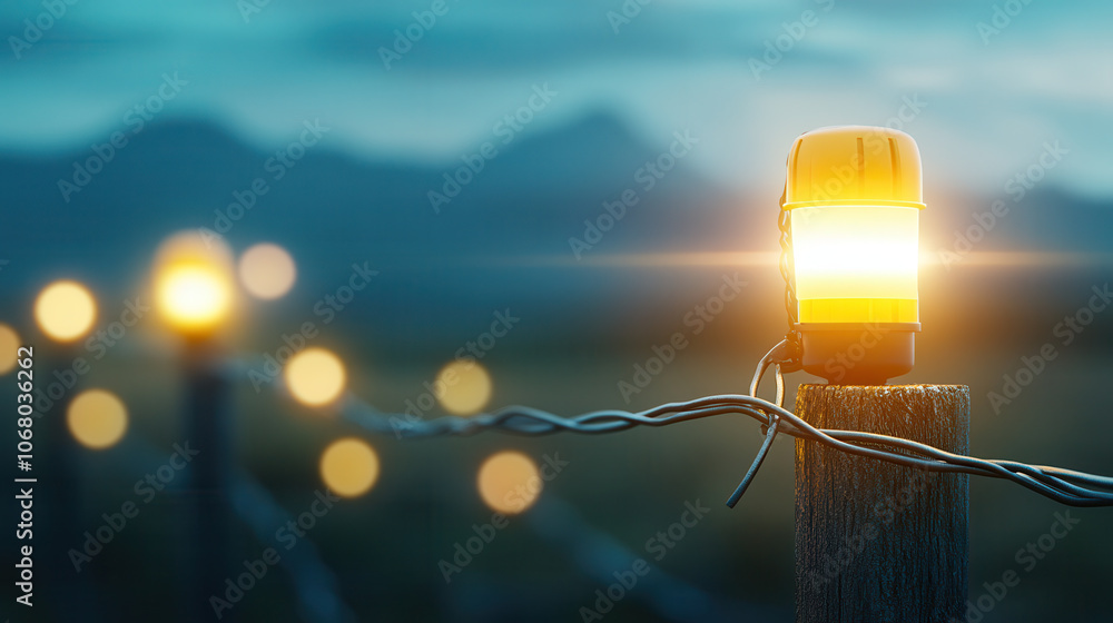 solar powered LED beacon light illuminates fence post, creating warm ...
